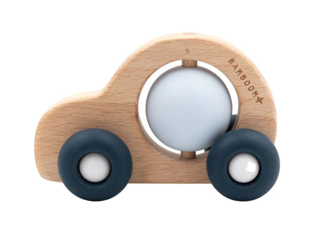 Bamboom macchinina in legno e silicone blu e azzurro